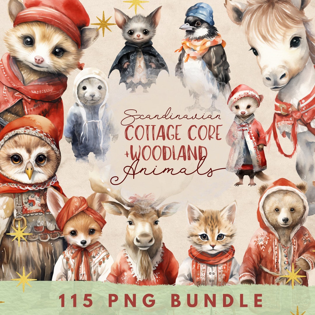 Scandinavian Christmas Animal Clipart, Cottage Core Folk Art Mega ...