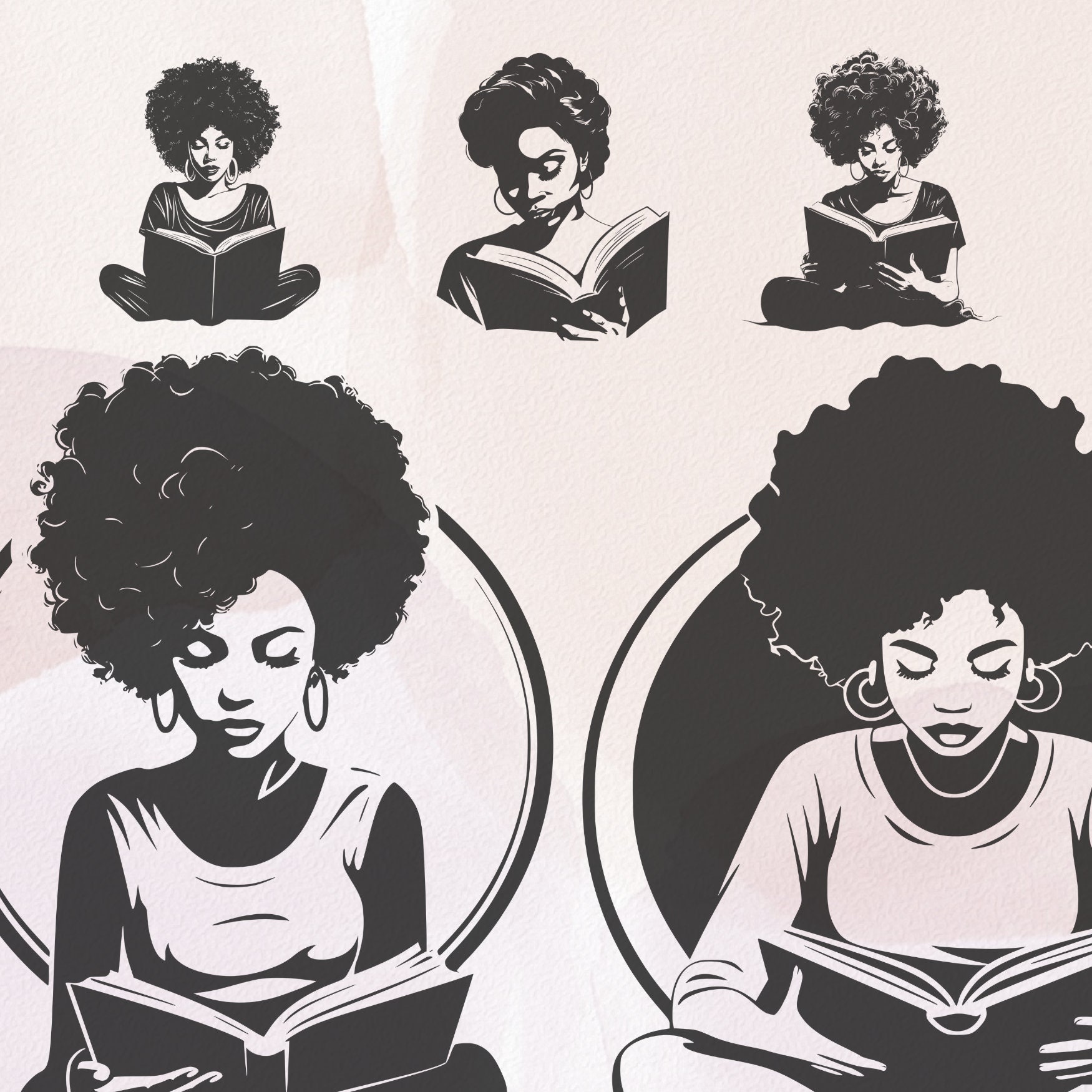 Black Woman Reading SVG Bundle, Silhouette Woman Book Worm PNG, Black ...