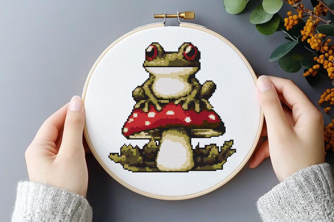 Cute Frog Cross Stitch PDF Pattern. Goblincore Green Toad Sitting on ...