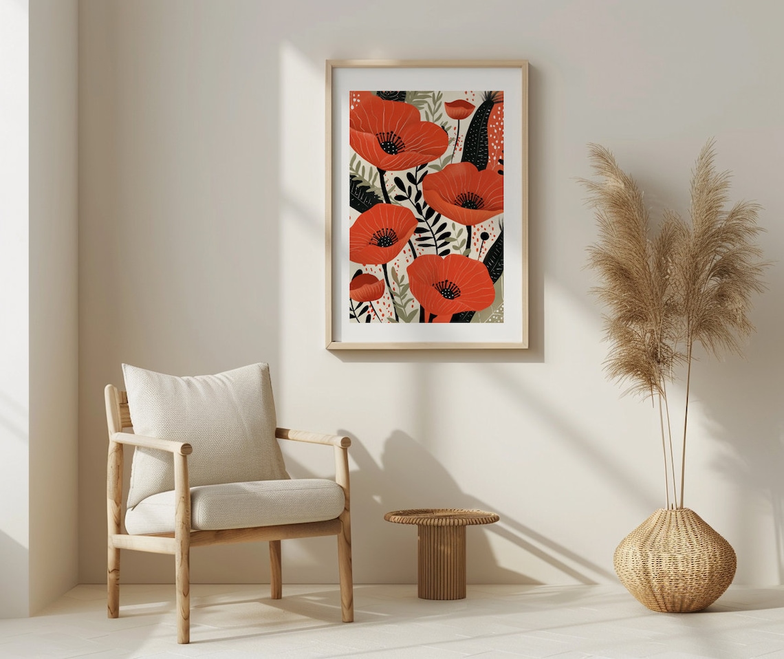 Poppy Flowers Wall Art Illustration. Vintage Flower Market Printable ...