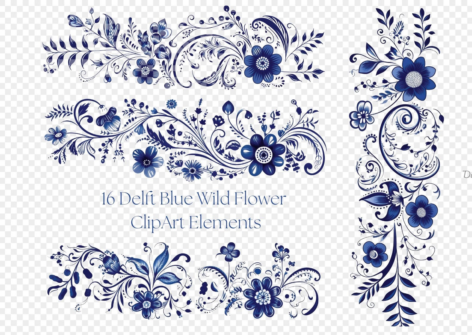 Delft Blue Floral Clipart Watercolor, Wild Flower Clipart, Premade ...
