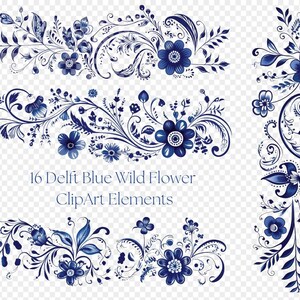 Delft Blue Floral Clipart Watercolor, Wild Flower Clipart, Premade ...