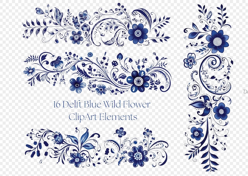 Delft Blue Floral Clipart Watercolor, Wild Flower Clipart, Premade ...