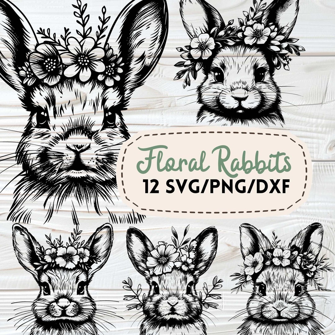 Floral Rabbit SVG Bundle, Cute Bunny Face With Flower Bouquet, Easter ...