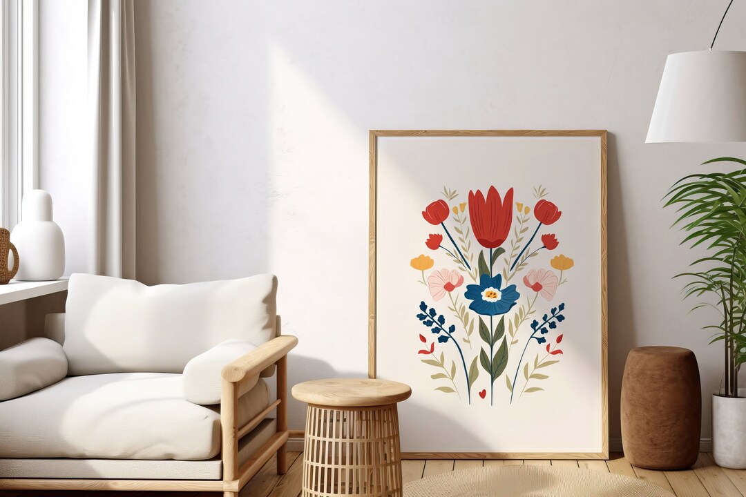 Scandinavian Floral Wall Art, Printable Wildflower Folk Art Bouquet ...
