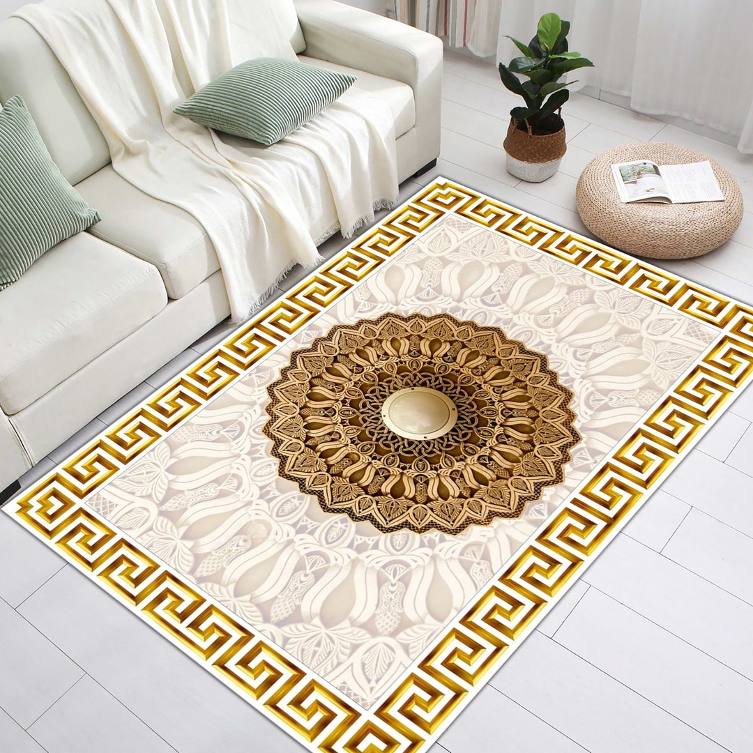 White and Gold Ancient Greek Wave Rug, Greek Pattern Rug, Ancient Greek ...