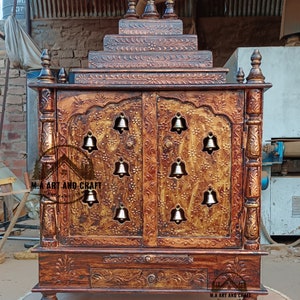 Teak Wood Temple Mandir Copper Antique Finished Beautiful Hanging Bells ...