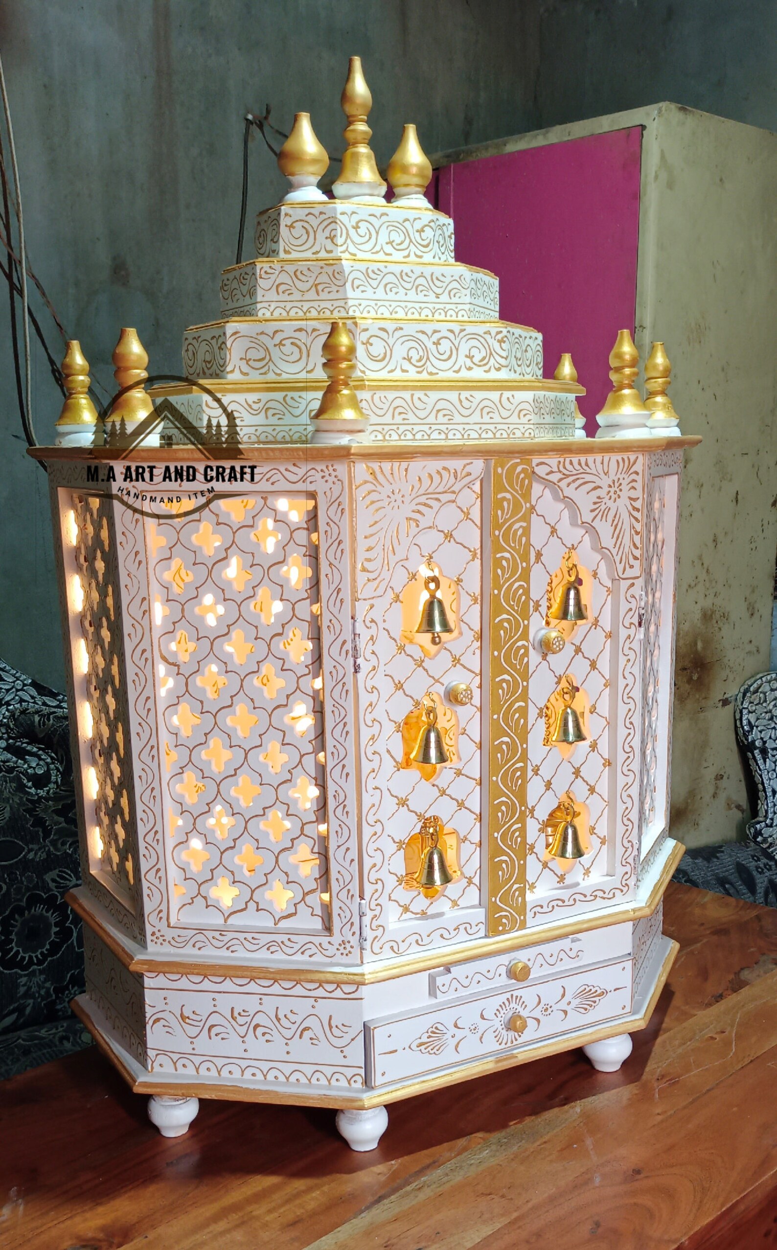 Teak Wood Mandir With LED Lights / Mandir for Home and Office / Pooja ...