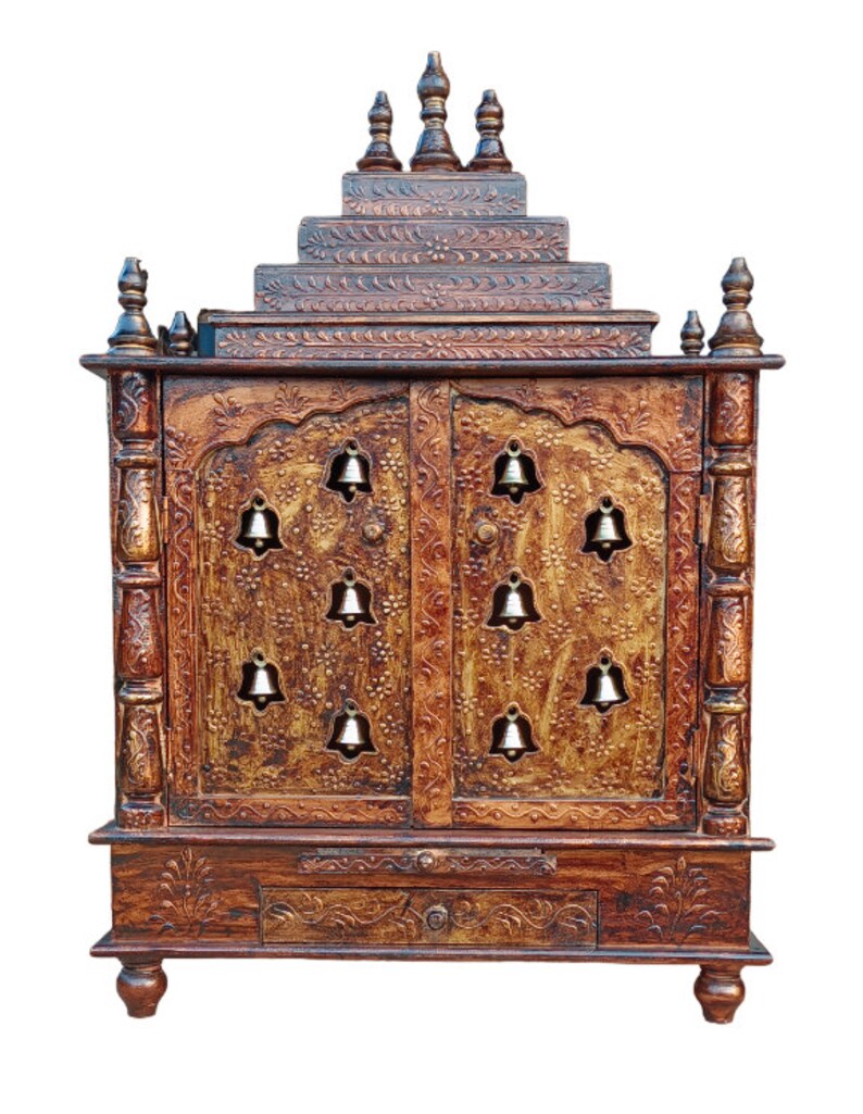 Teak Wood Temple Mandir Copper Antique Finished Beautiful Hanging Bells ...