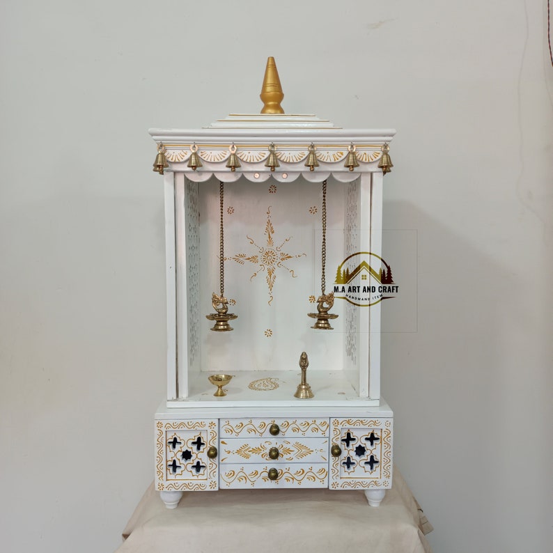 Teak Wood Temple White Gold Ambosed Painted Beautiful Hanging Lamps ...