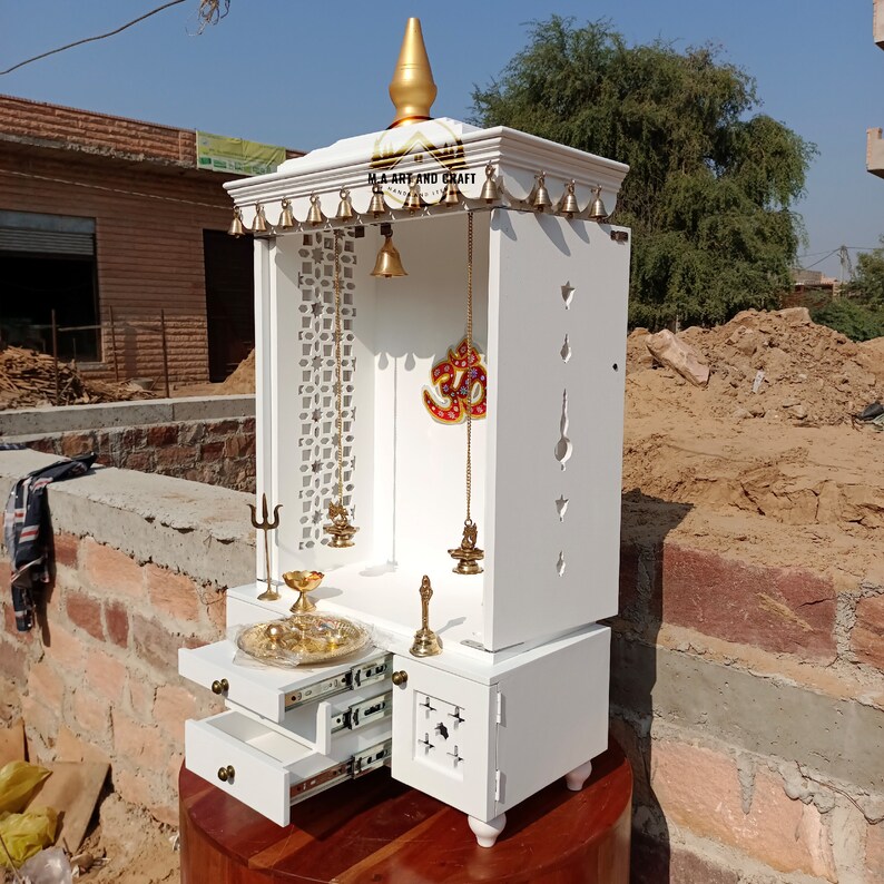 Teak Wood Temple White Mandir Beautiful Hanging Bells Handcrafted ...