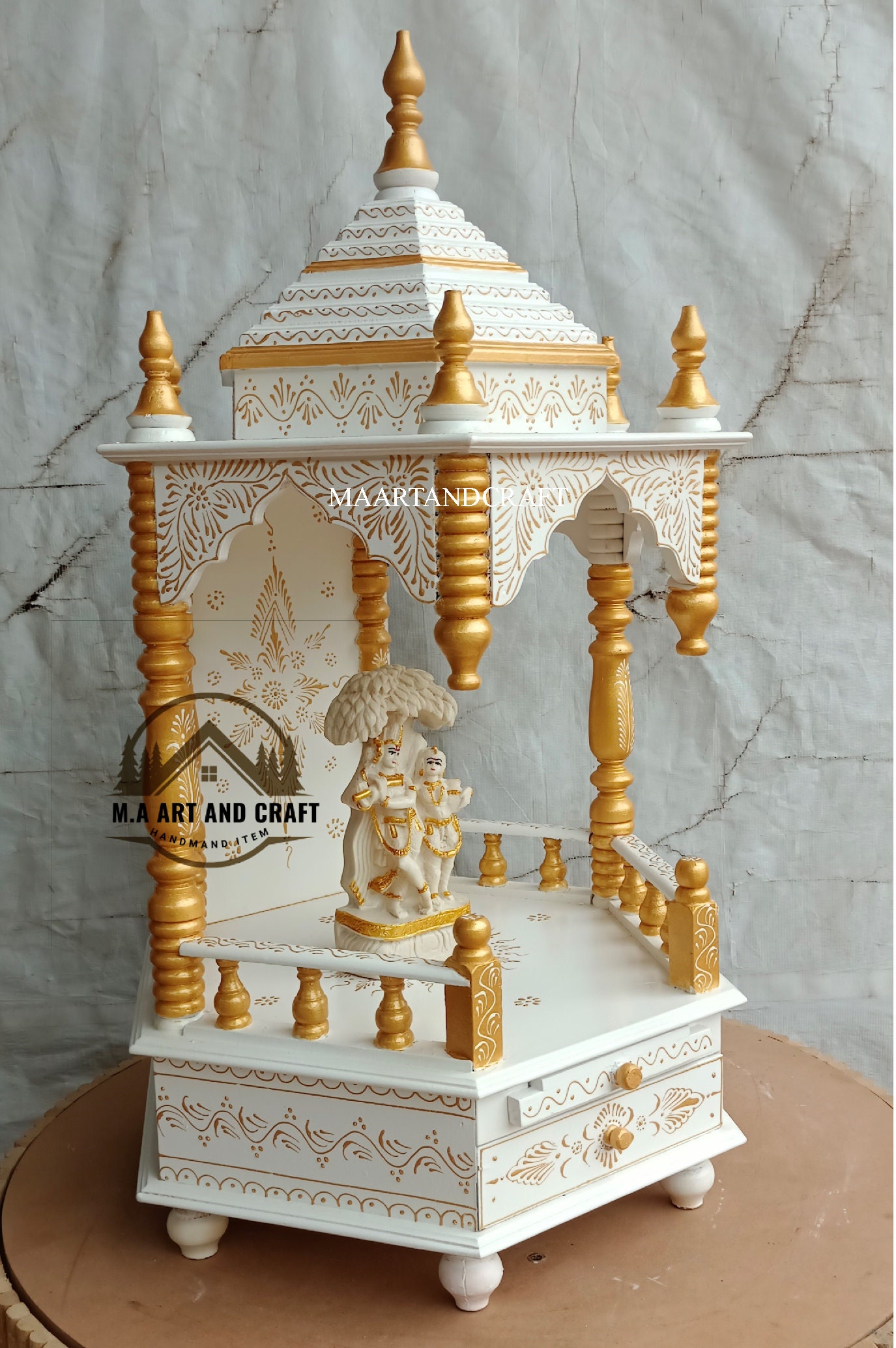 Teak Wood Temple Pooja Mandir 6 Corner Wooden Mandir White gold Puja ...
