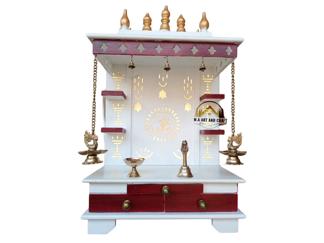 Teak Wood Temple White and Brown Color Beautiful Hanging Bells & Lamps ...