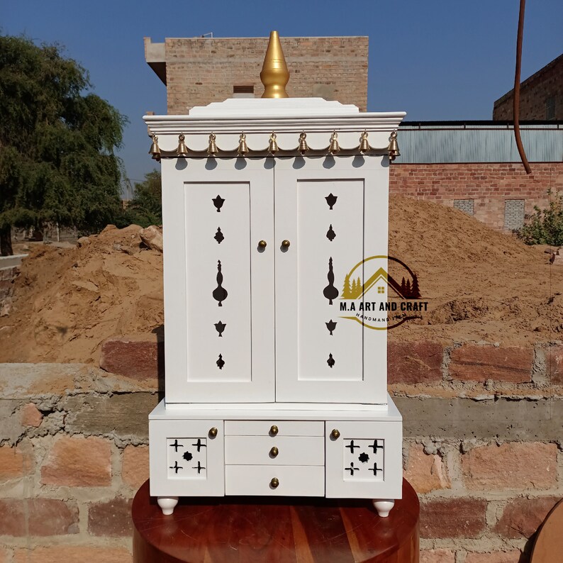 Teak Wood Temple White Mandir Beautiful Hanging Bells Handcrafted ...