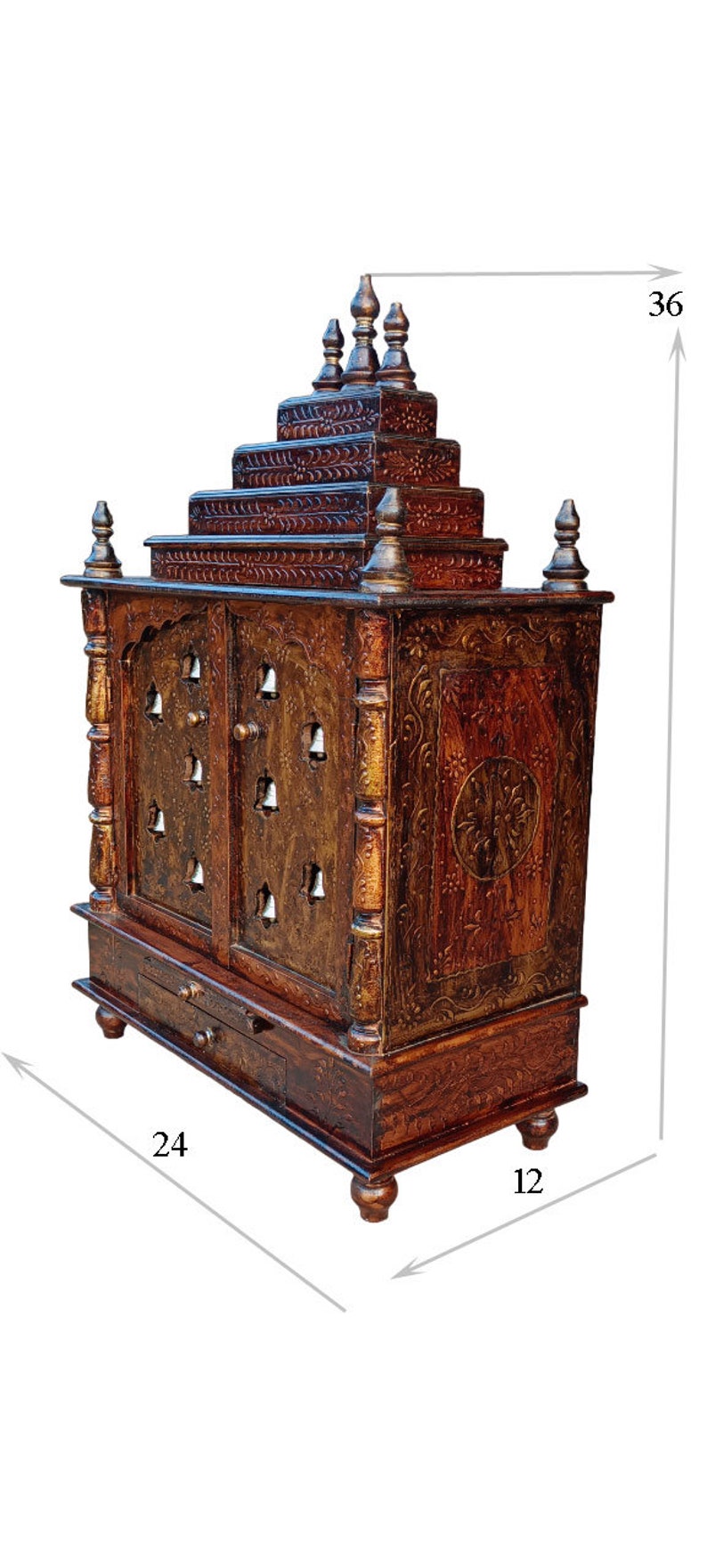 Teak Wood Temple Mandir Copper Antique Finished Beautiful Hanging Bells ...