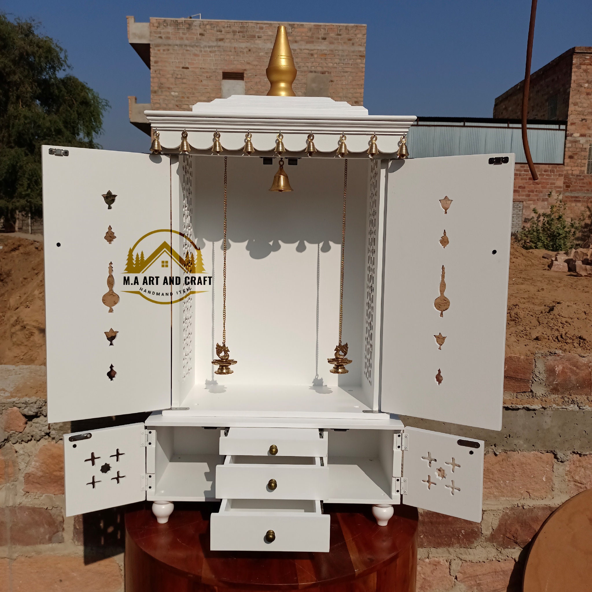 Teak Wood Temple White Mandir Beautiful Hanging Bells Handcrafted ...
