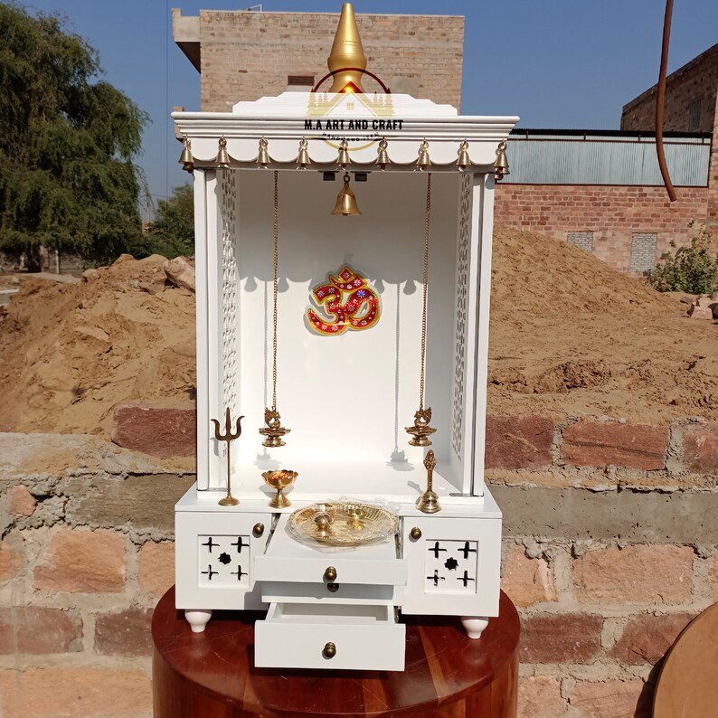 Teak Wood Temple White Mandir Beautiful Hanging Bells Handcrafted ...