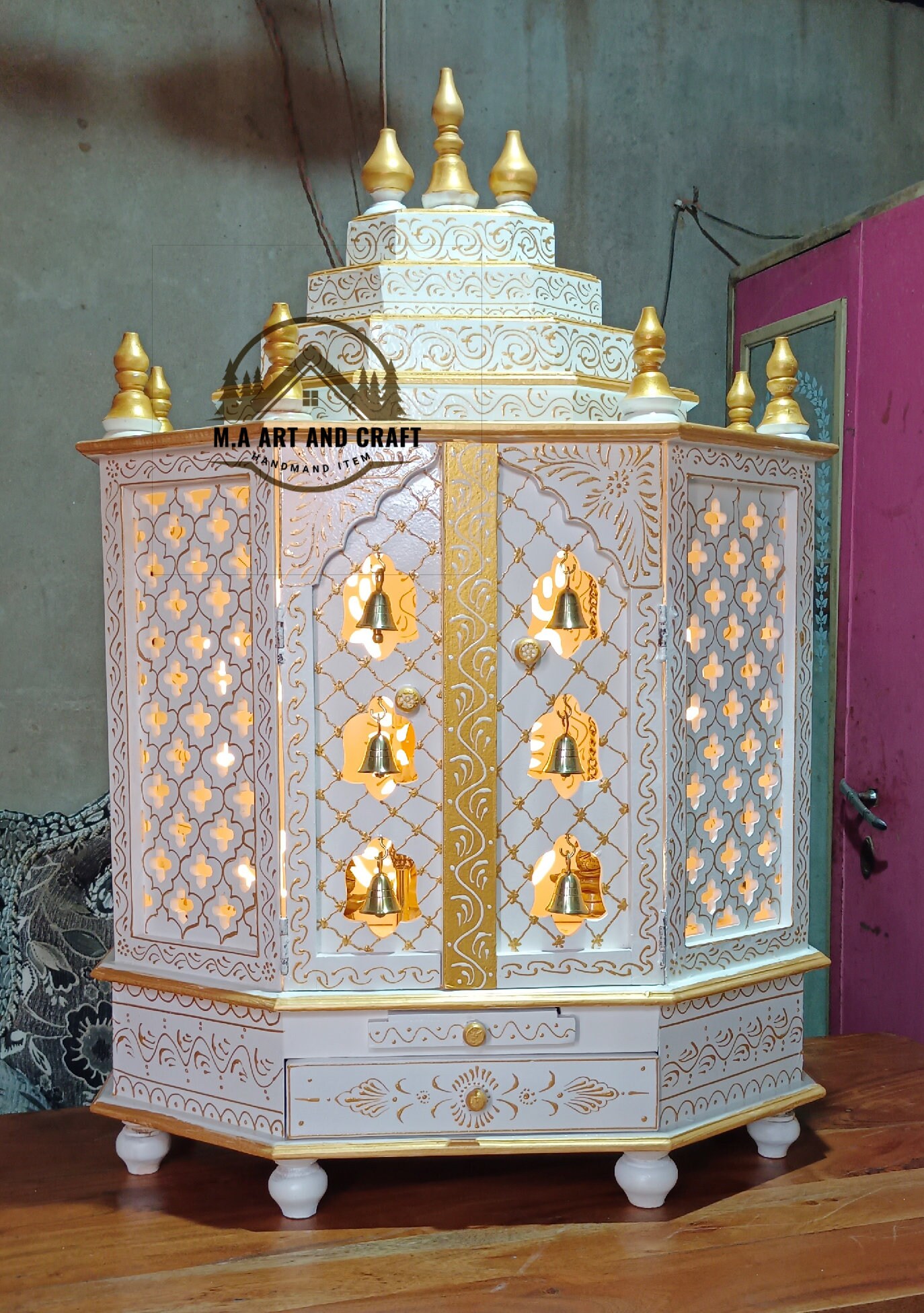 Teak Wood Mandir With LED Lights / Mandir for Home and Office / Pooja ...