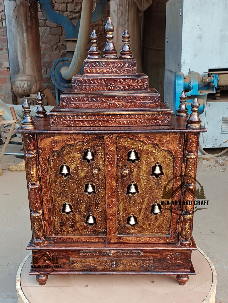 Teak Wood Temple Mandir Copper Antique Finished Beautiful Hanging Bells ...