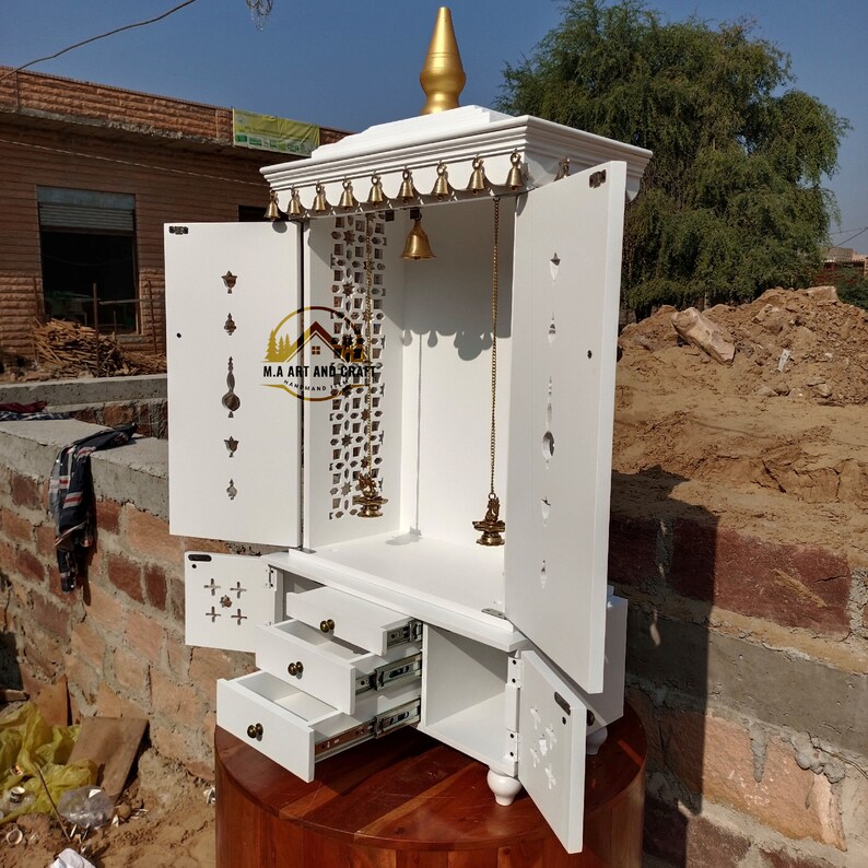 Teak Wood Temple White Mandir Beautiful Hanging Bells Handcrafted ...