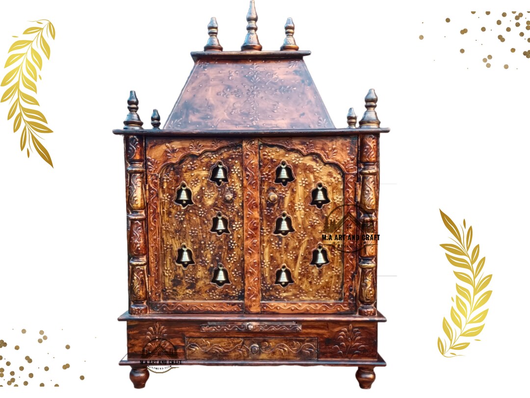 Solid Wood Temple Mandir Copper Gold Finished Beautiful Hanging Bells ...