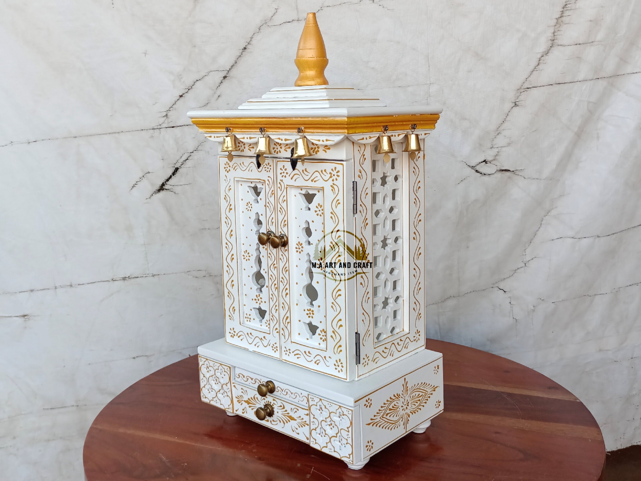 Teak Wood Temple Solid Wood Mandir White Gold Beautiful Hanging Bells ...