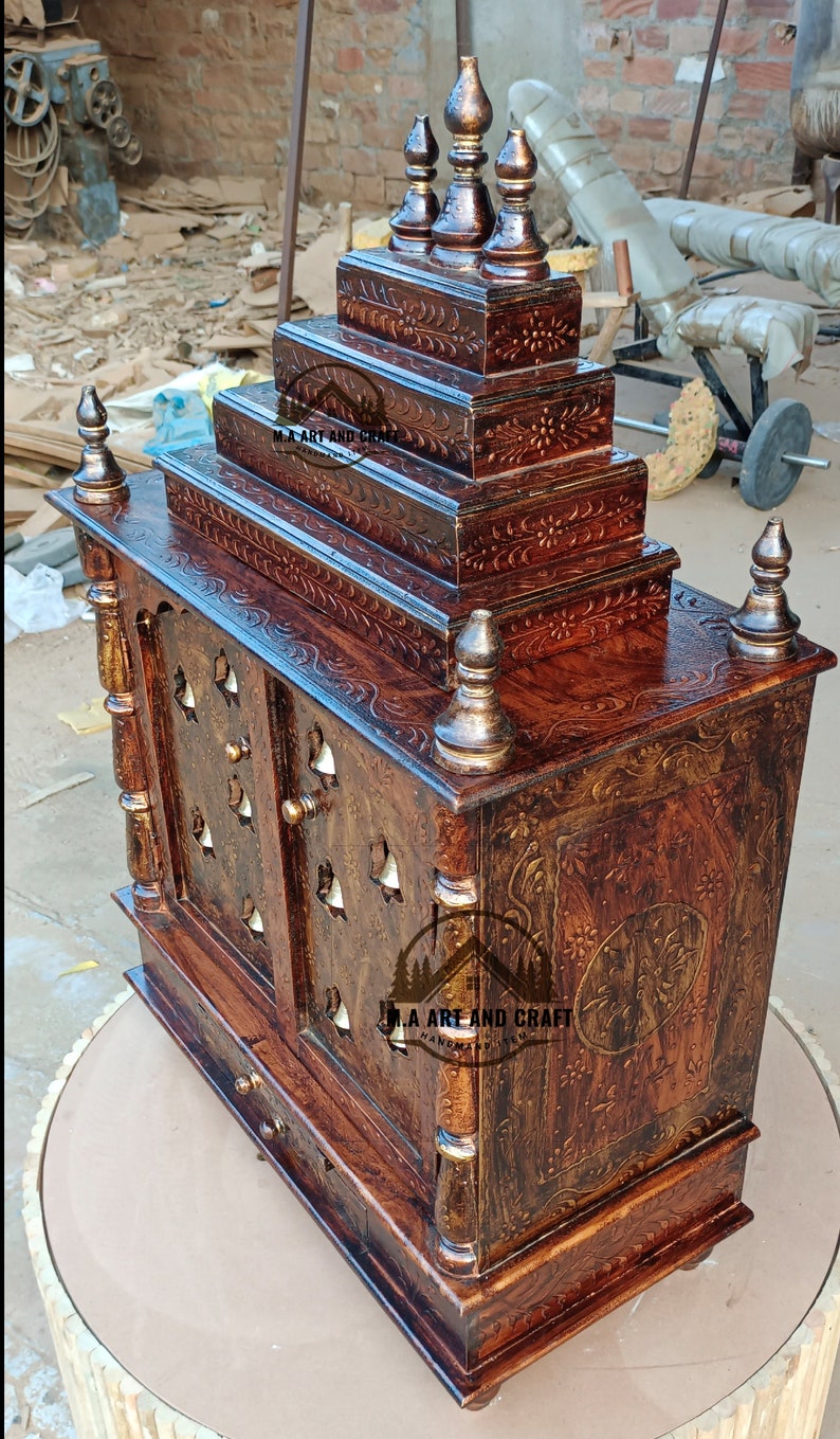 Teak Wood Temple Mandir Copper Antique Finished Beautiful Hanging Bells ...