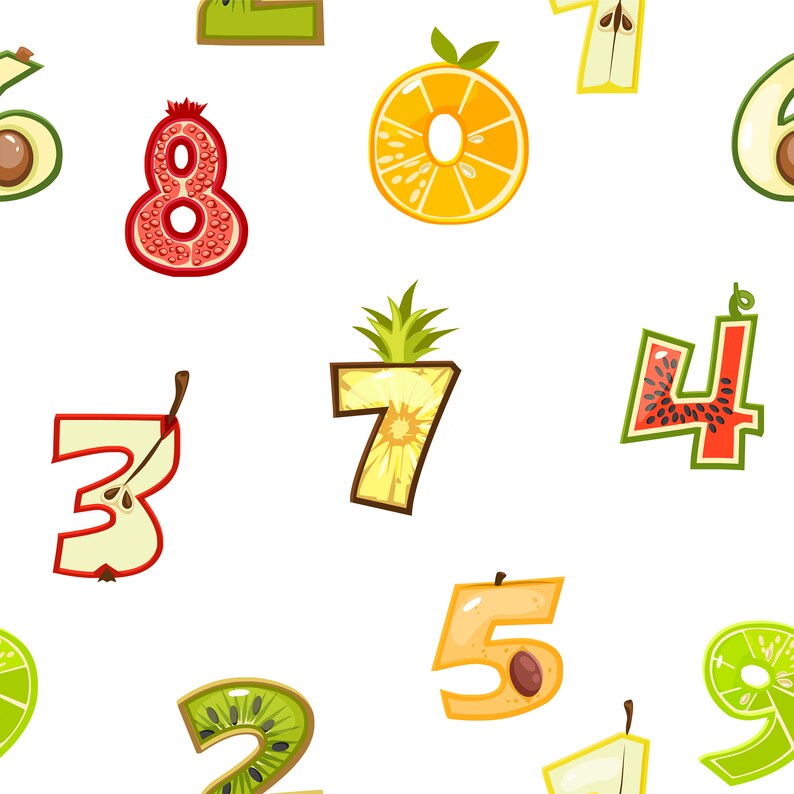 Fruit Numbers. Set of Vector Numbers or Stickers. Bonus Seamless ...
