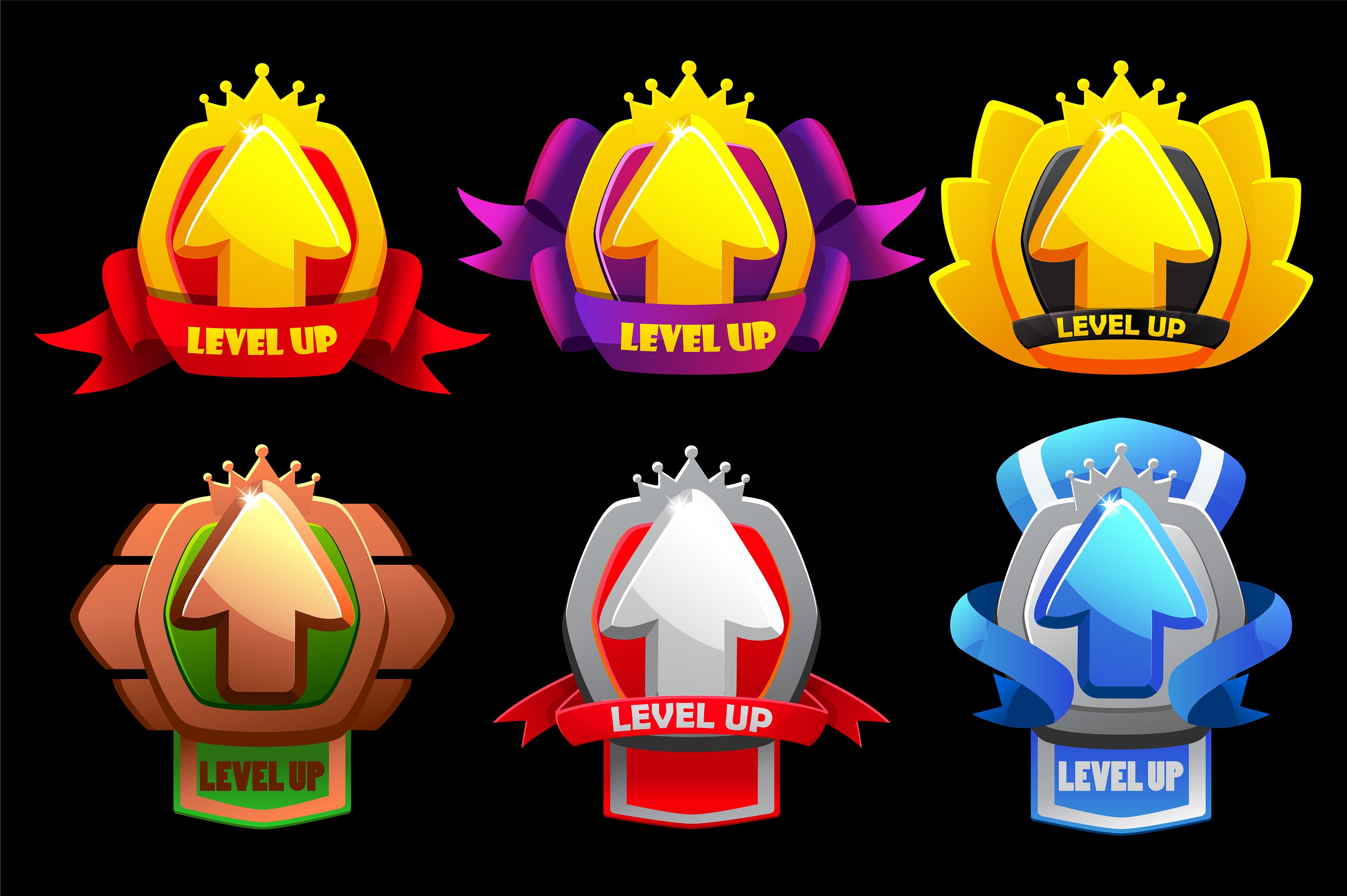 Level up Awards. UI Game Badge Icons. Medals Set Vector Images for a 2D ...