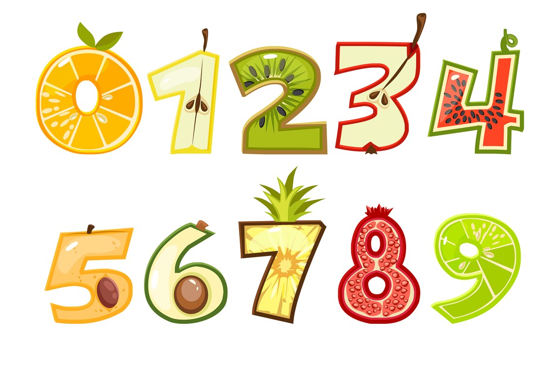 Fruit Numbers. Set of Vector Numbers or Stickers. Bonus Seamless ...