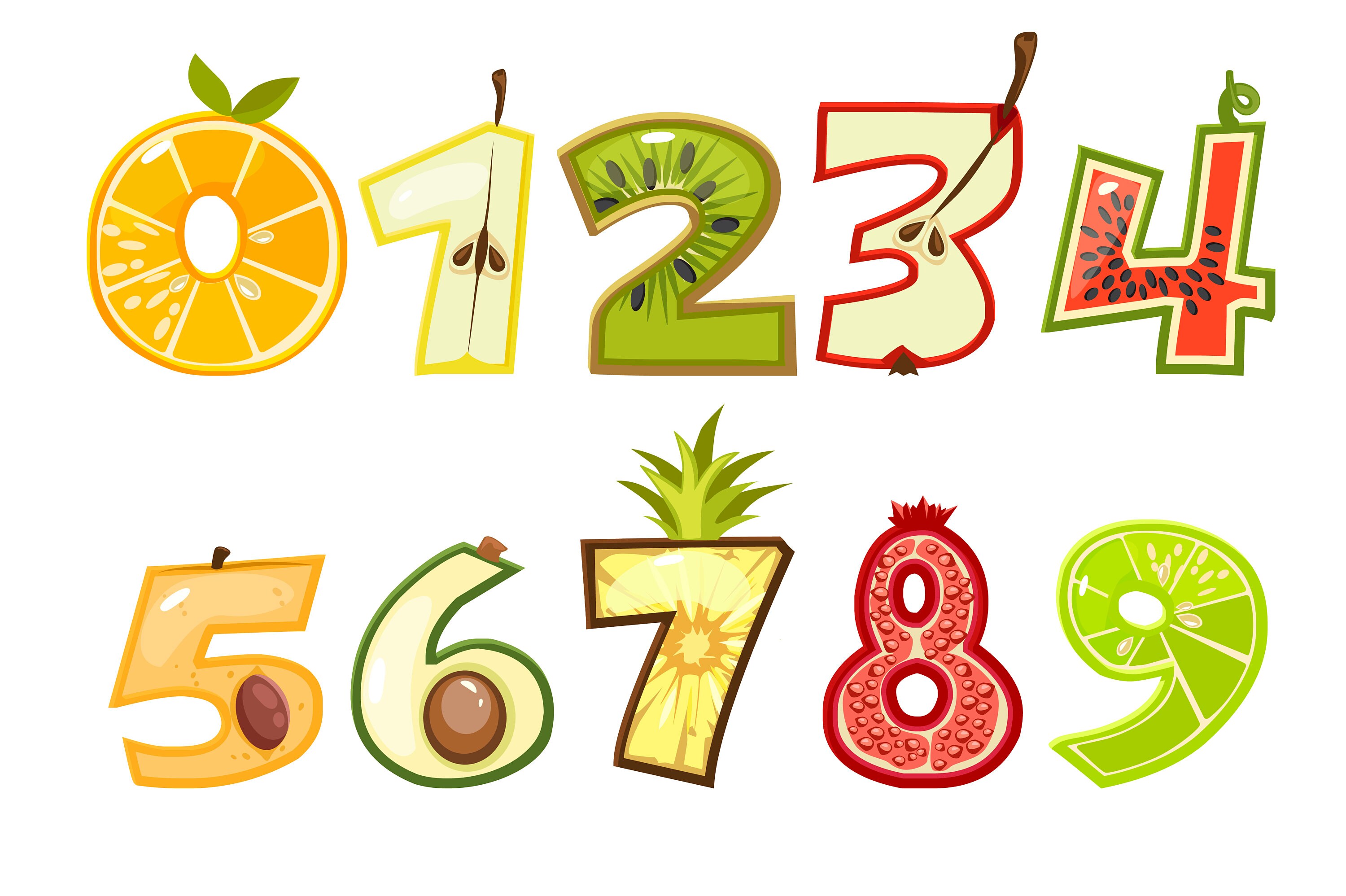 Fruit Numbers. Set of Vector Numbers or Stickers. Bonus Seamless ...