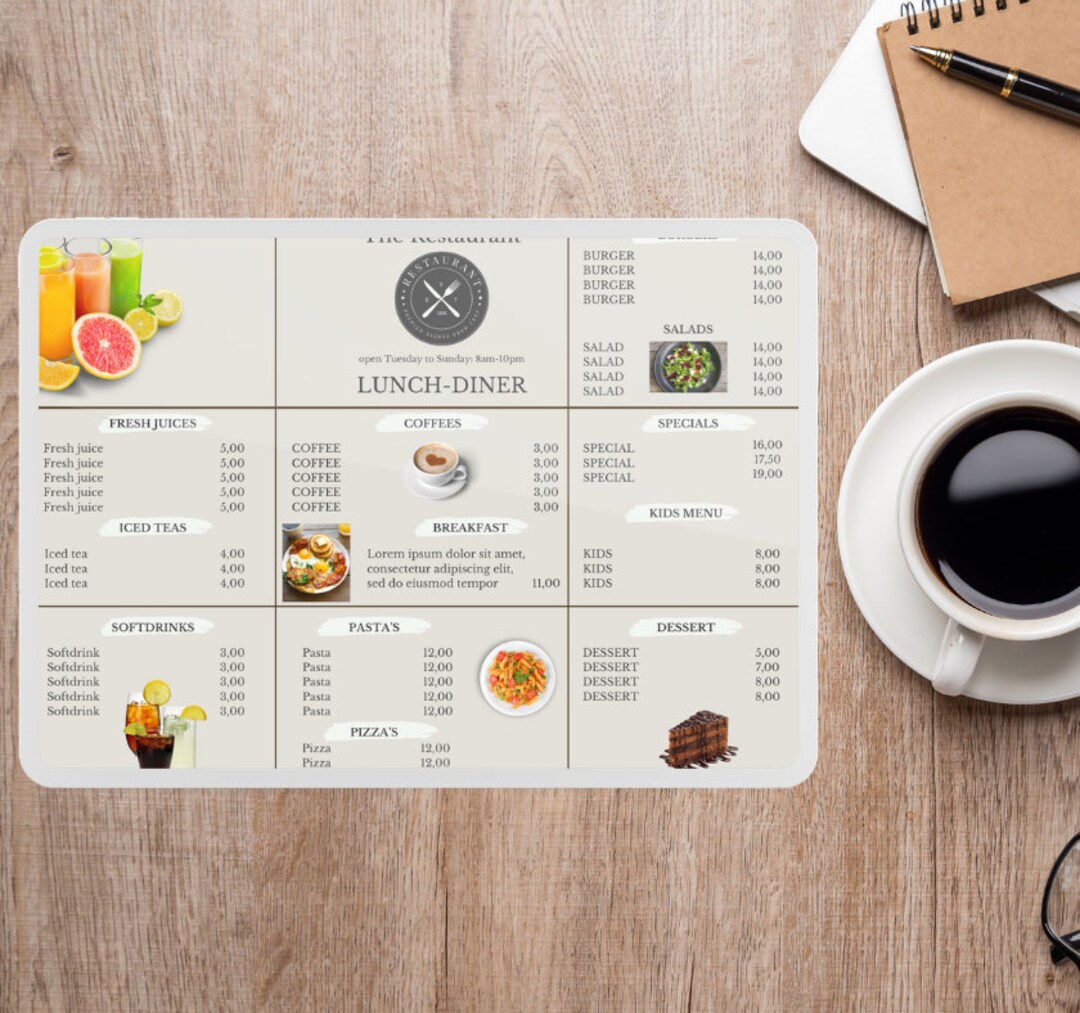 Restaurant Menu Template Placemat Menu Editable Menu Template Placemat ...