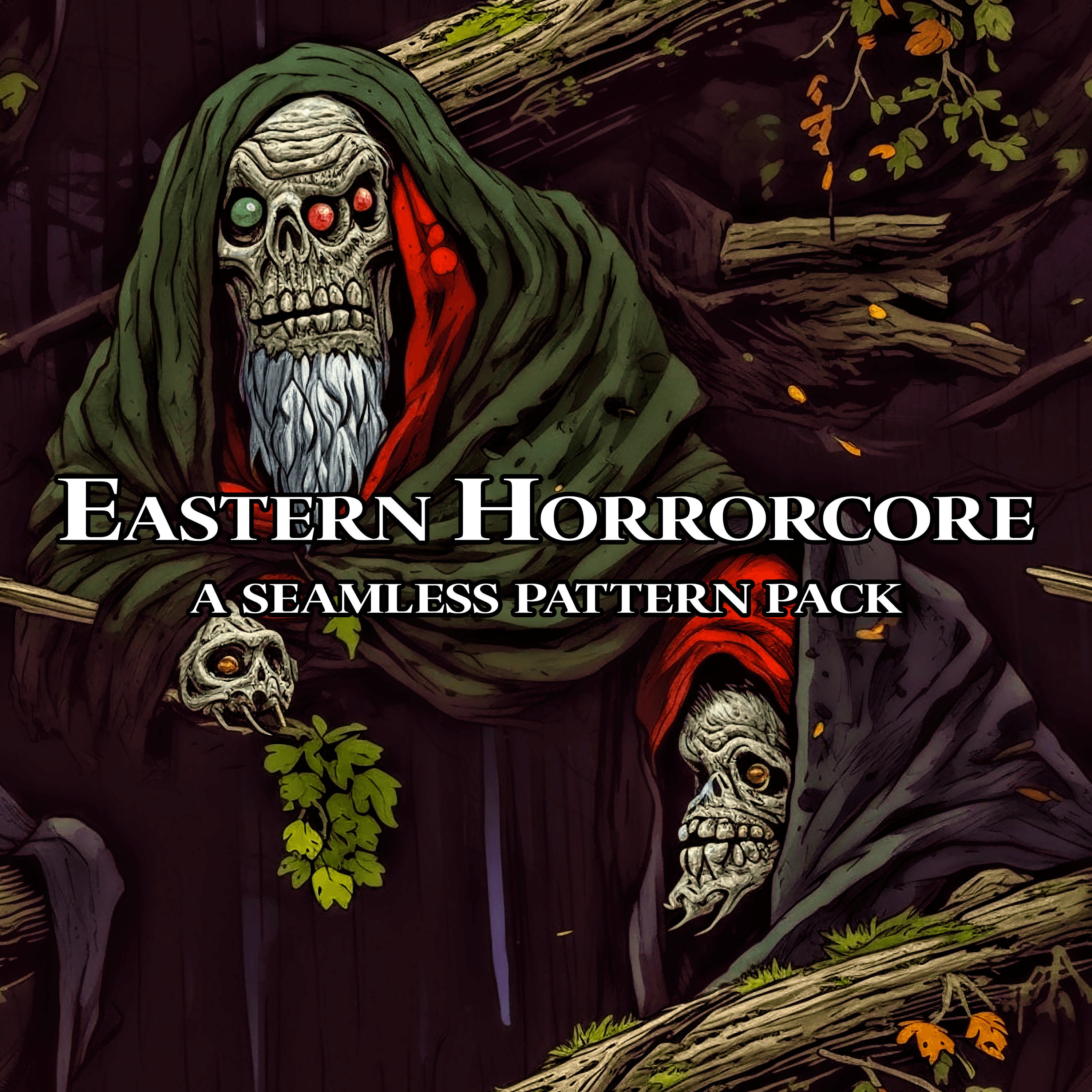Horrorcore Eastern Seamless Pattern Pack, 12 Skeletal Cryptid PNG Pack ...