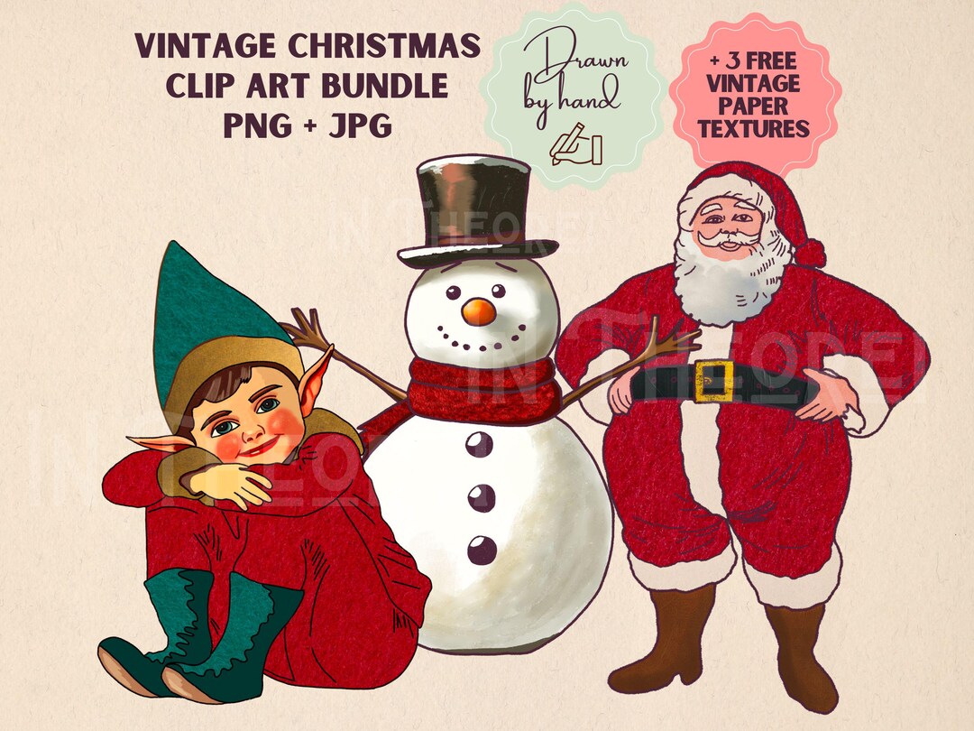 Vintage Christmas Clipart Bundle: Hand-drawn Retro Illustrations (PNG ...