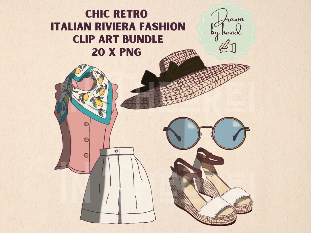 Retro Italian Riviera Fashion Clip Art PNG Bundle, Easy Mix & Match ...