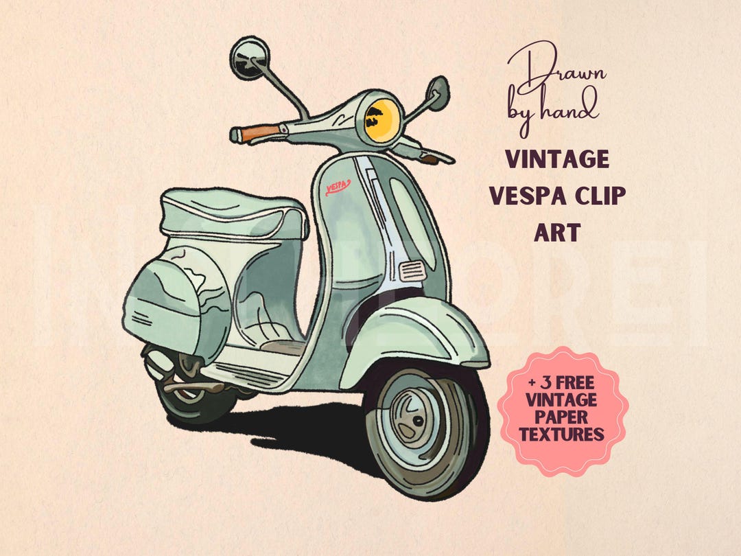 Vintage Blue Vespa Clip Art Illustration JPG PNG | Mid-century Scooter ...