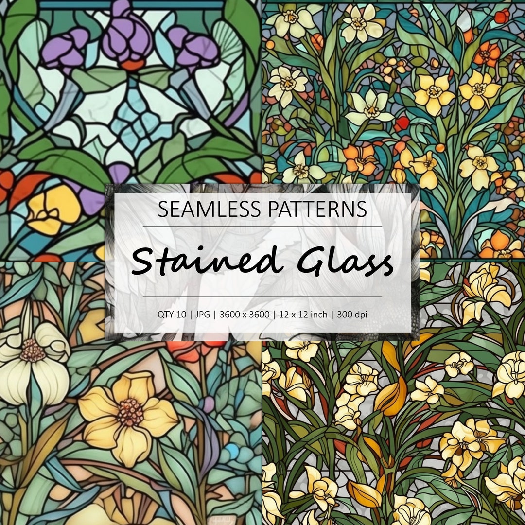 STAINED GLASS FLORAL - 10 Seamless Floral Repeating Patterns ...