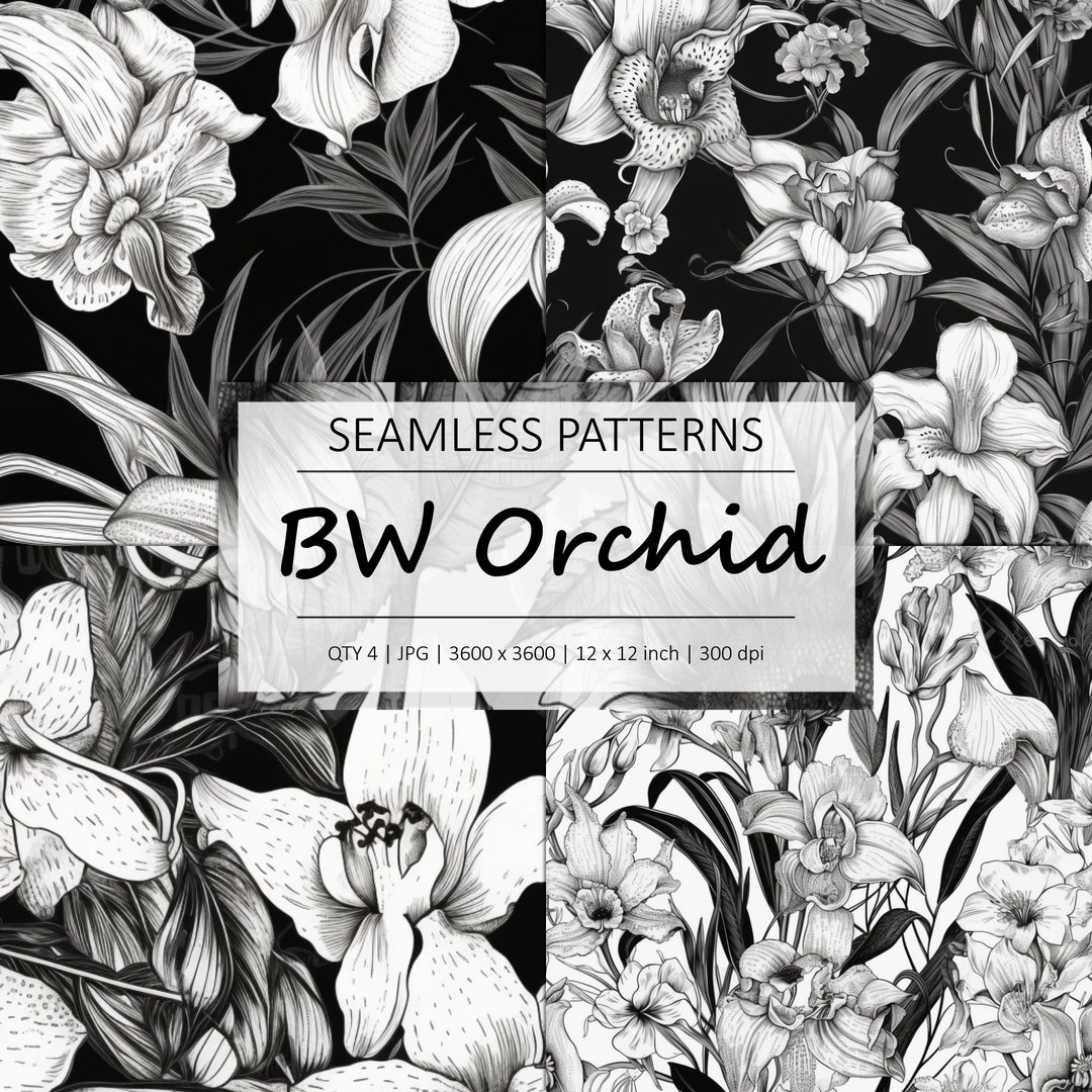BLACK & WHITE FLORAL Orchid 4 Seamless Floral Repeating Patterns ...