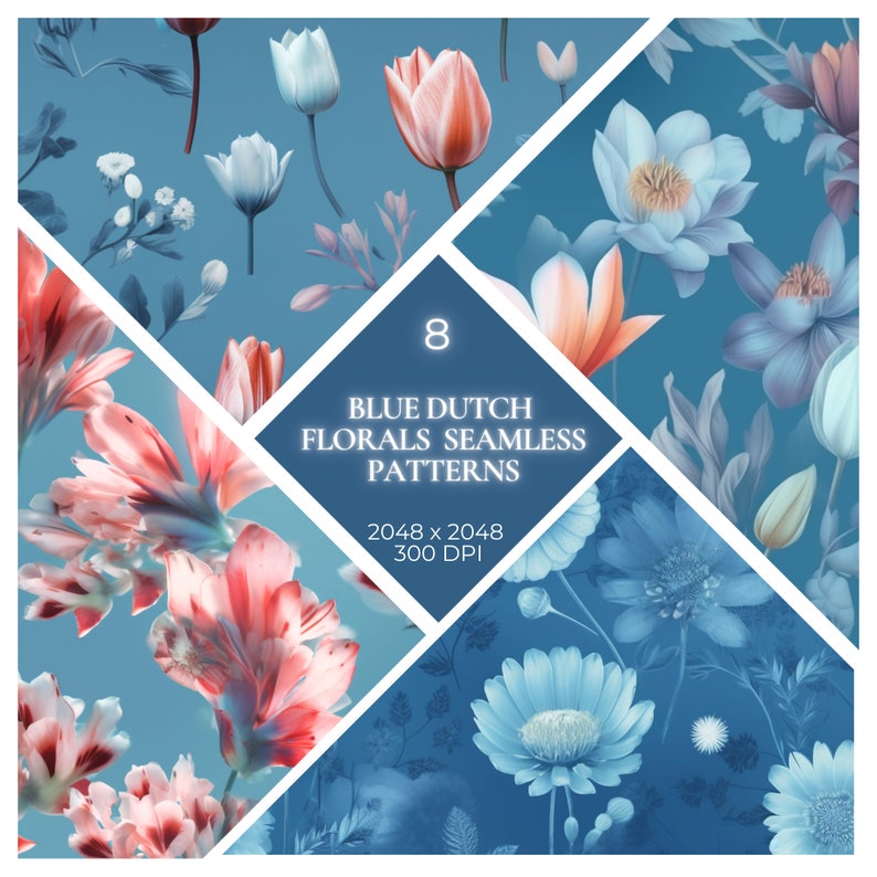 Charming Dutch Blue Floral Seamless Patterns - Digital Download for ...