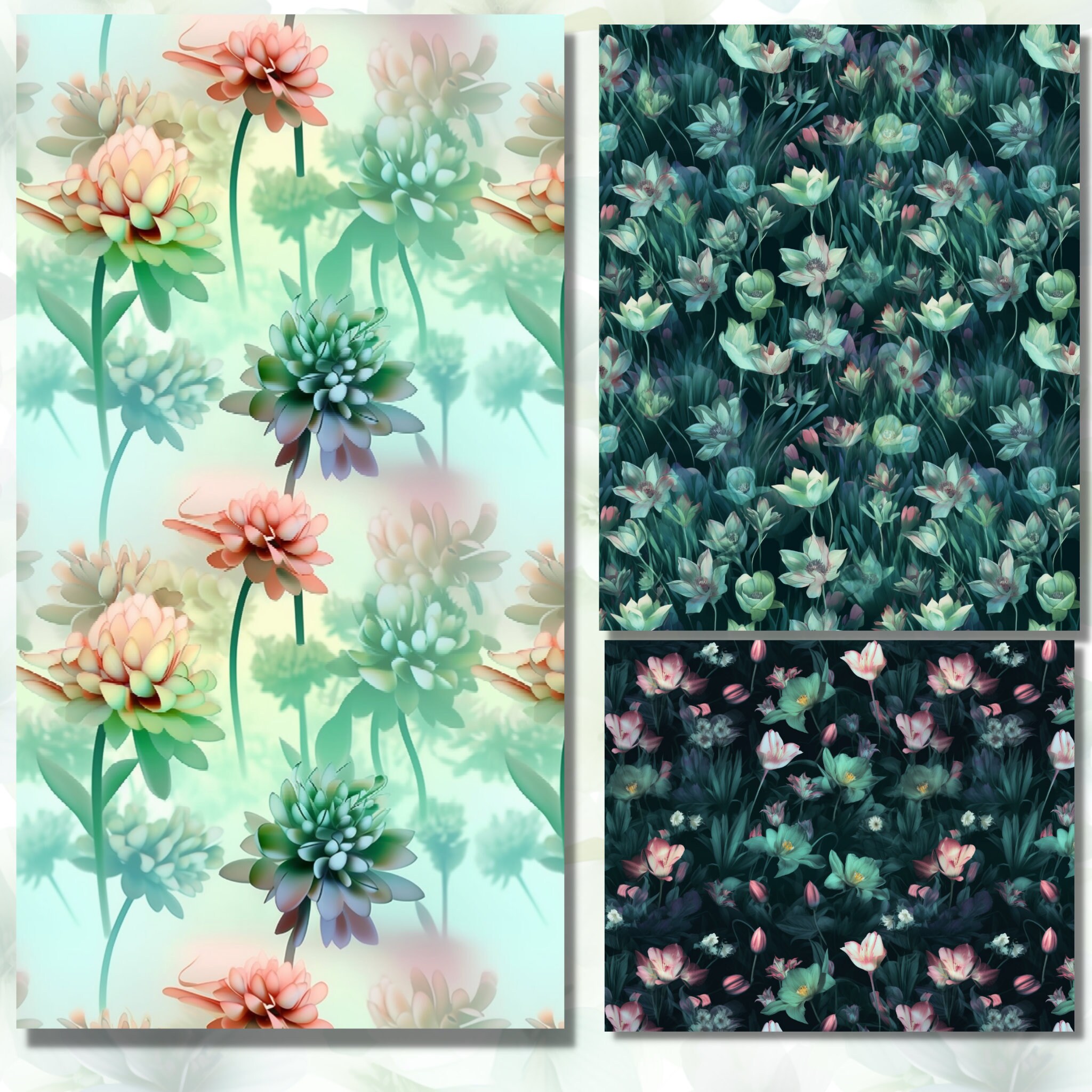 Charming Green-hued Dutch Floral Seamless Patterns - 8 Pack Digital ...