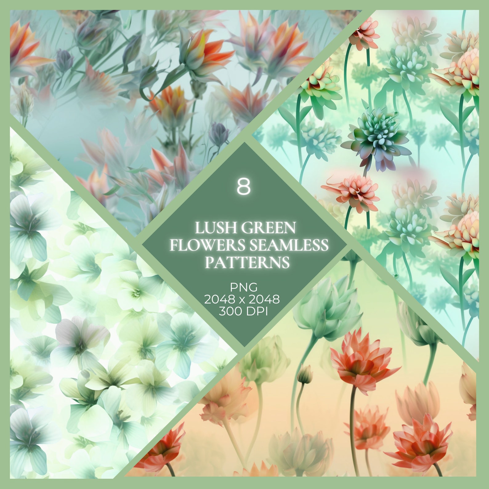 Charming Green-hued Dutch Floral Seamless Patterns - 8 Pack Digital ...
