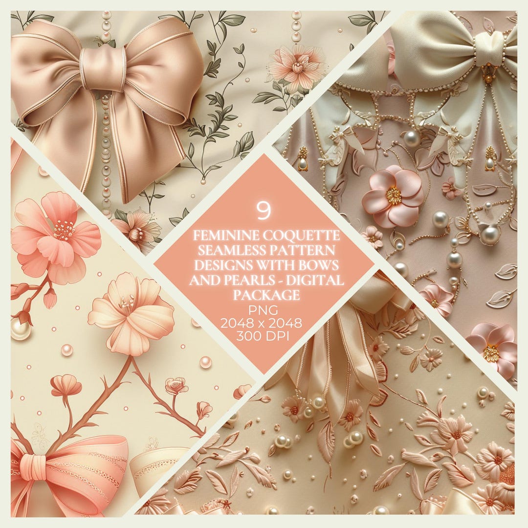 Coquette Bow Pearl Digital Patterns | Sublimational PNG Pink Ribbon | 9 ...