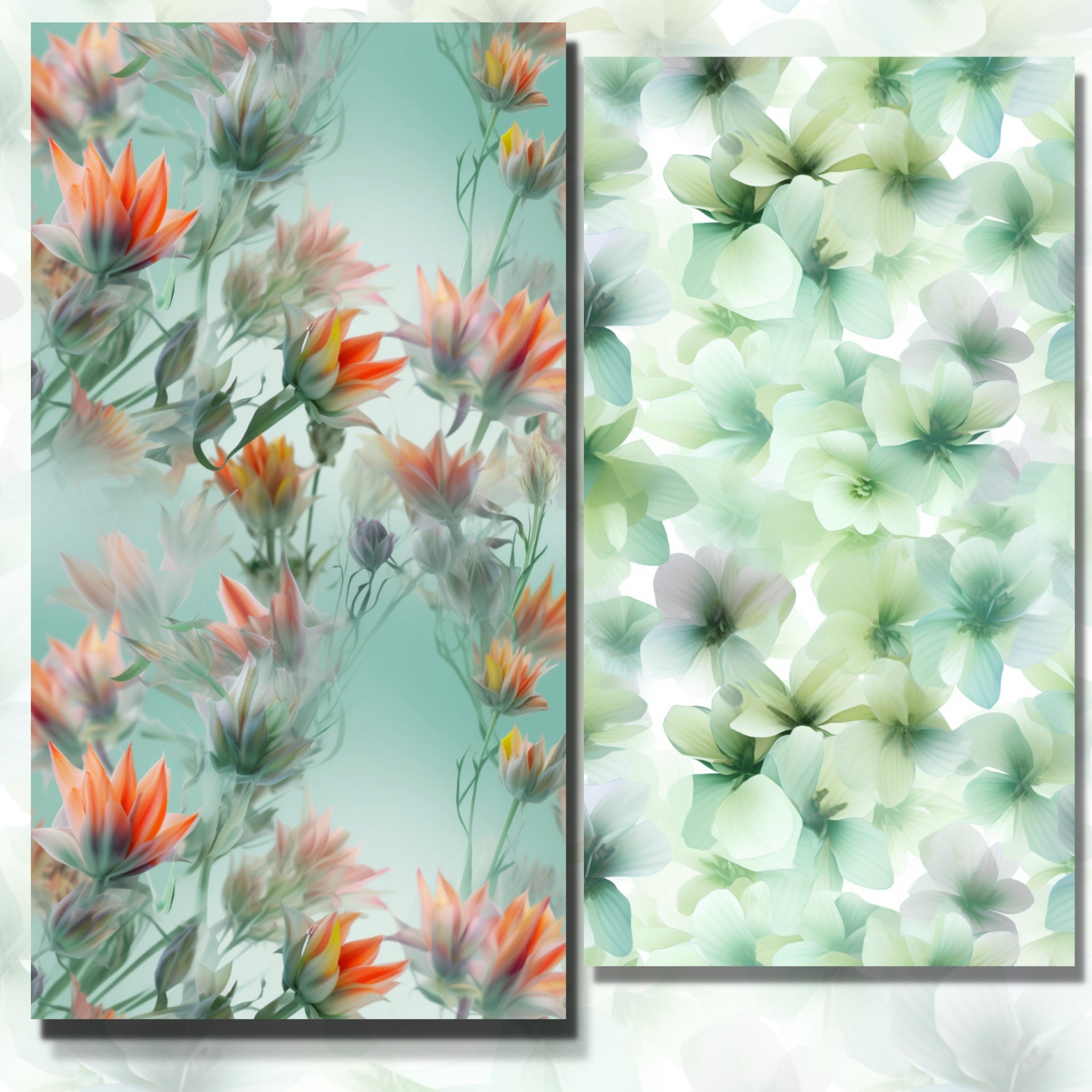 Charming Green-hued Dutch Floral Seamless Patterns - 8 Pack Digital ...
