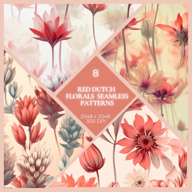 Radiant Red-tinted Dutch Floral Seamless Patterns - Digital Download ...