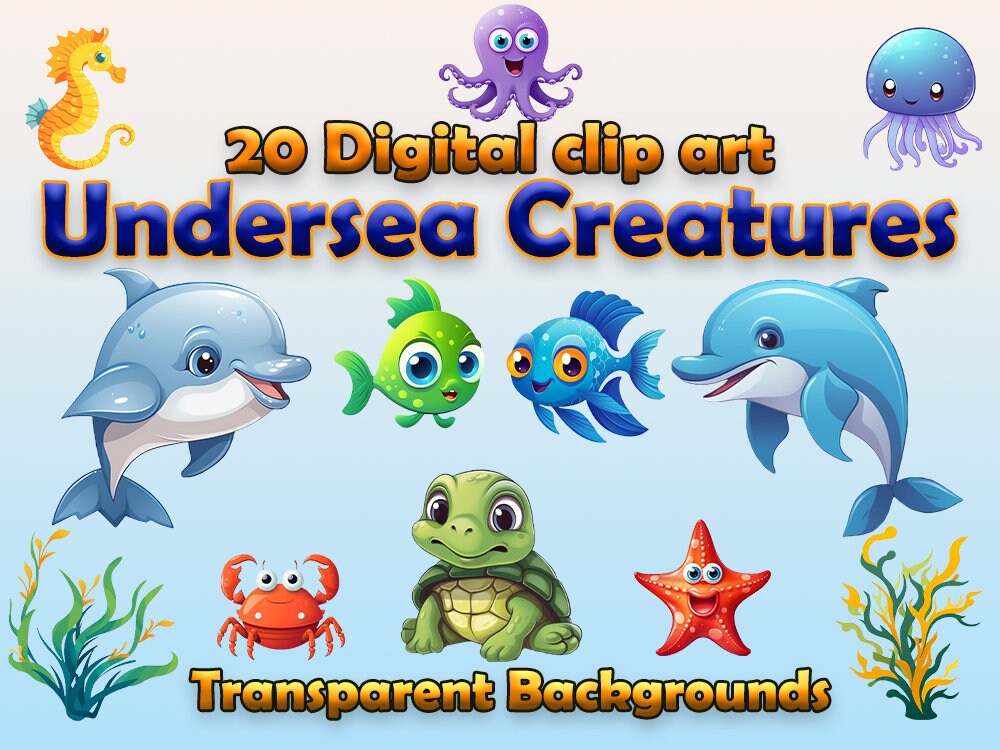 Undersea Cute Animals Clip Art Adorable Sea Creature Illustrations With ...