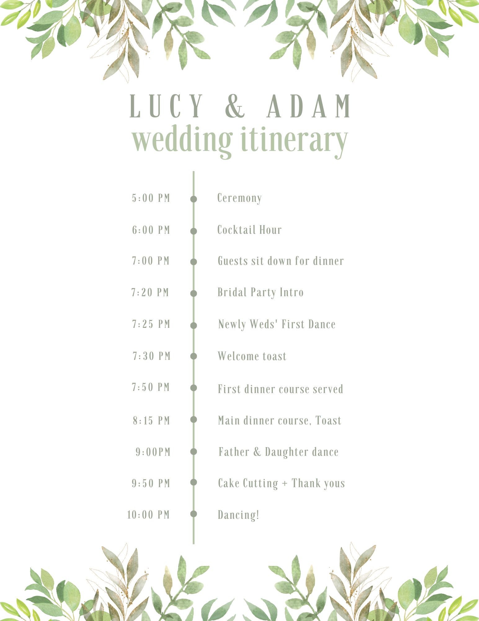 Instant Download - Watercolor Vine Wedding Itinerary Timeline ...
