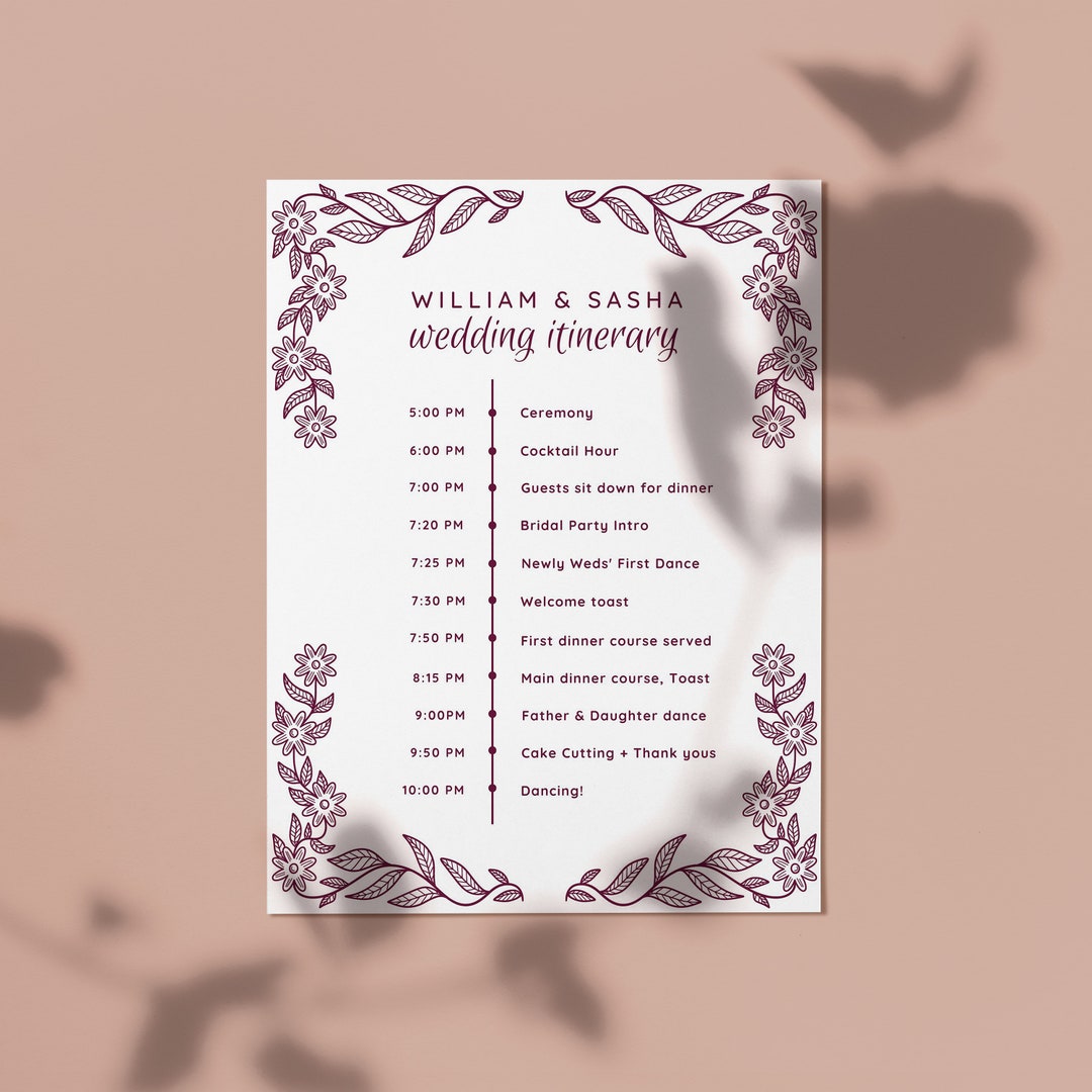 Instant Download - Wine Burgundy Modern Vine Wedding Itinerary Timeline ...