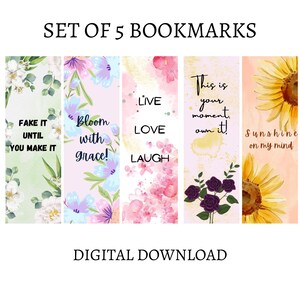 Set of 5 Flower Bookmarks, Floral Bookmarks, Digital Bookmarks to ...
