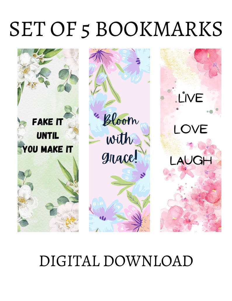 Set of 5 Flower Bookmarks, Floral Bookmarks, Digital Bookmarks to ...