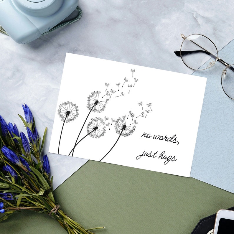 Printable Sympathy Card With Dandelion, No Words Just Hugs, Thinking of You Card for Friend ...